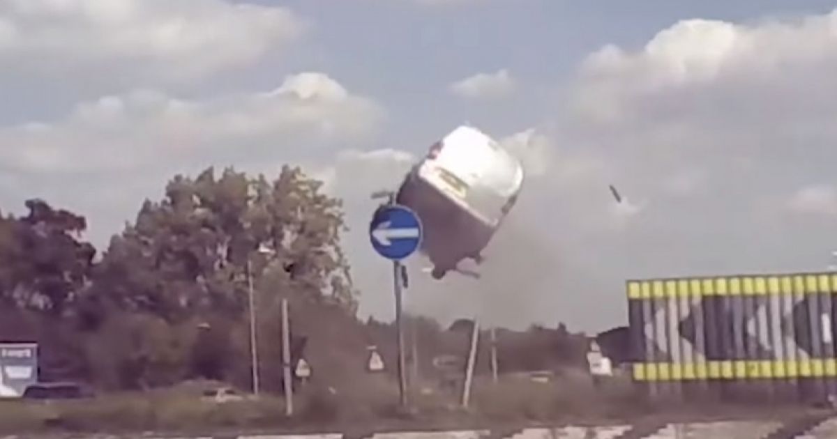 Video: Stunning crash footage as ‘flying van’ soars over roundabout ...